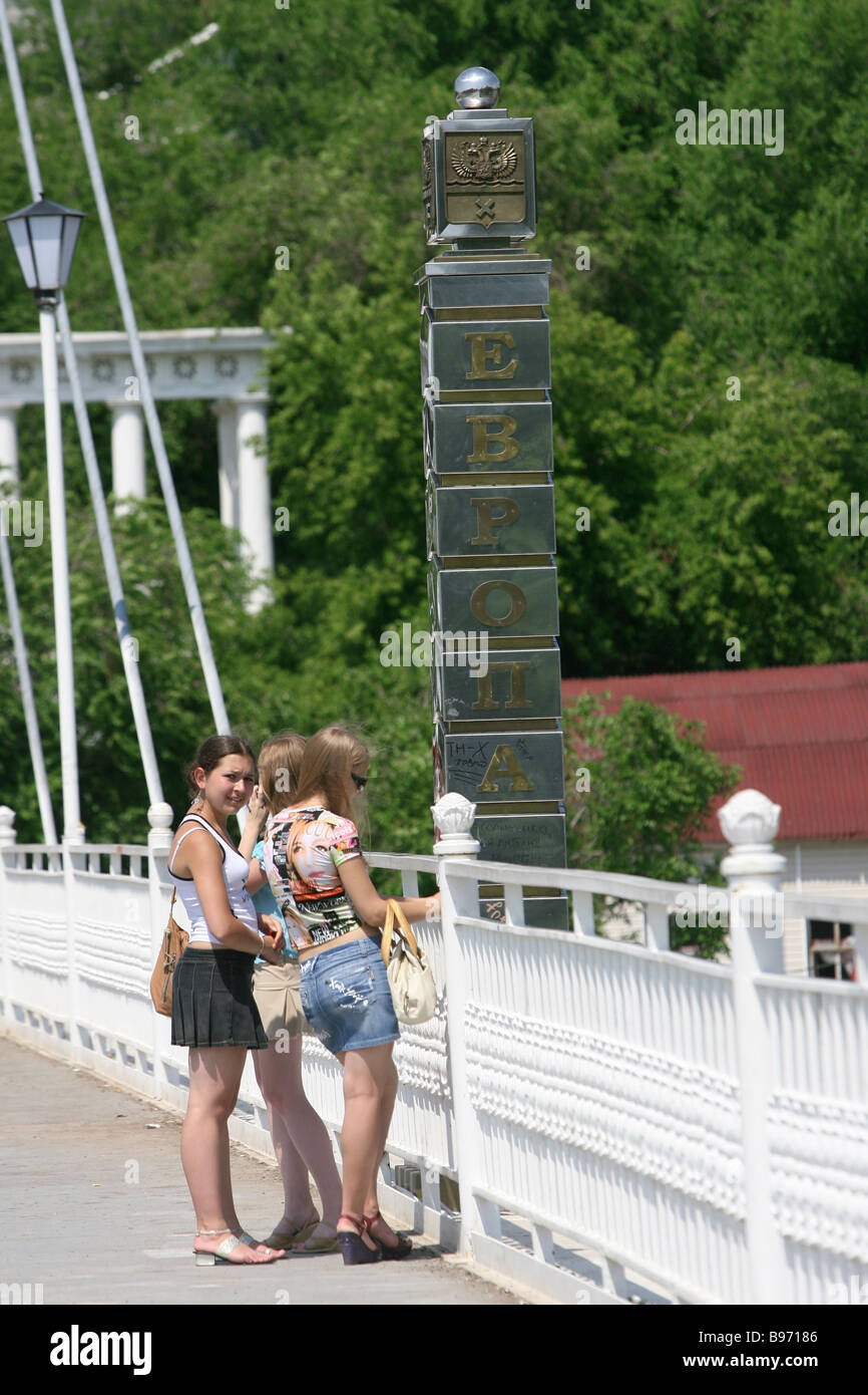 Border between Asia and Europe on the pedestrian bridge over the Ural ...