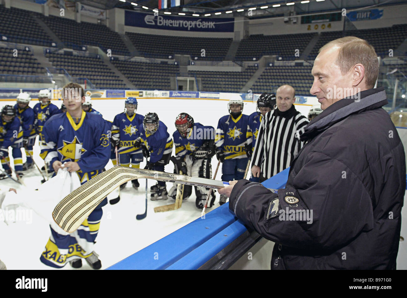 Russian President Vladimir Putin visiting an ice arena in Khabarovsk ...