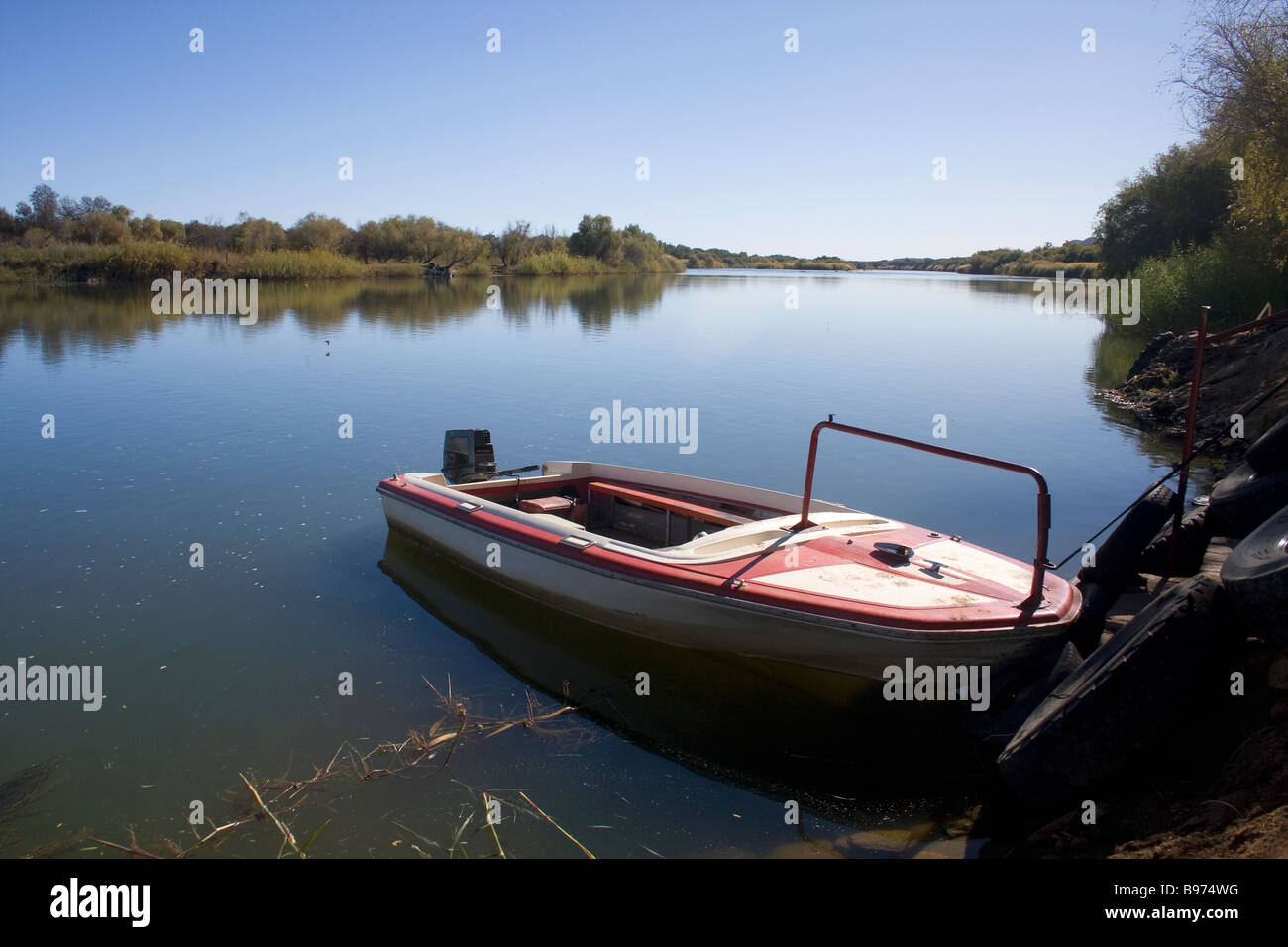 A boat on the Orange River in South Africa's Northern Cape Province ...