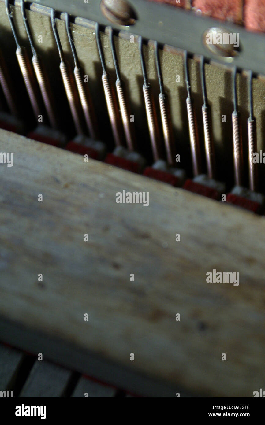 Inside workings of a piano showing steel strings dampers and tuning ...