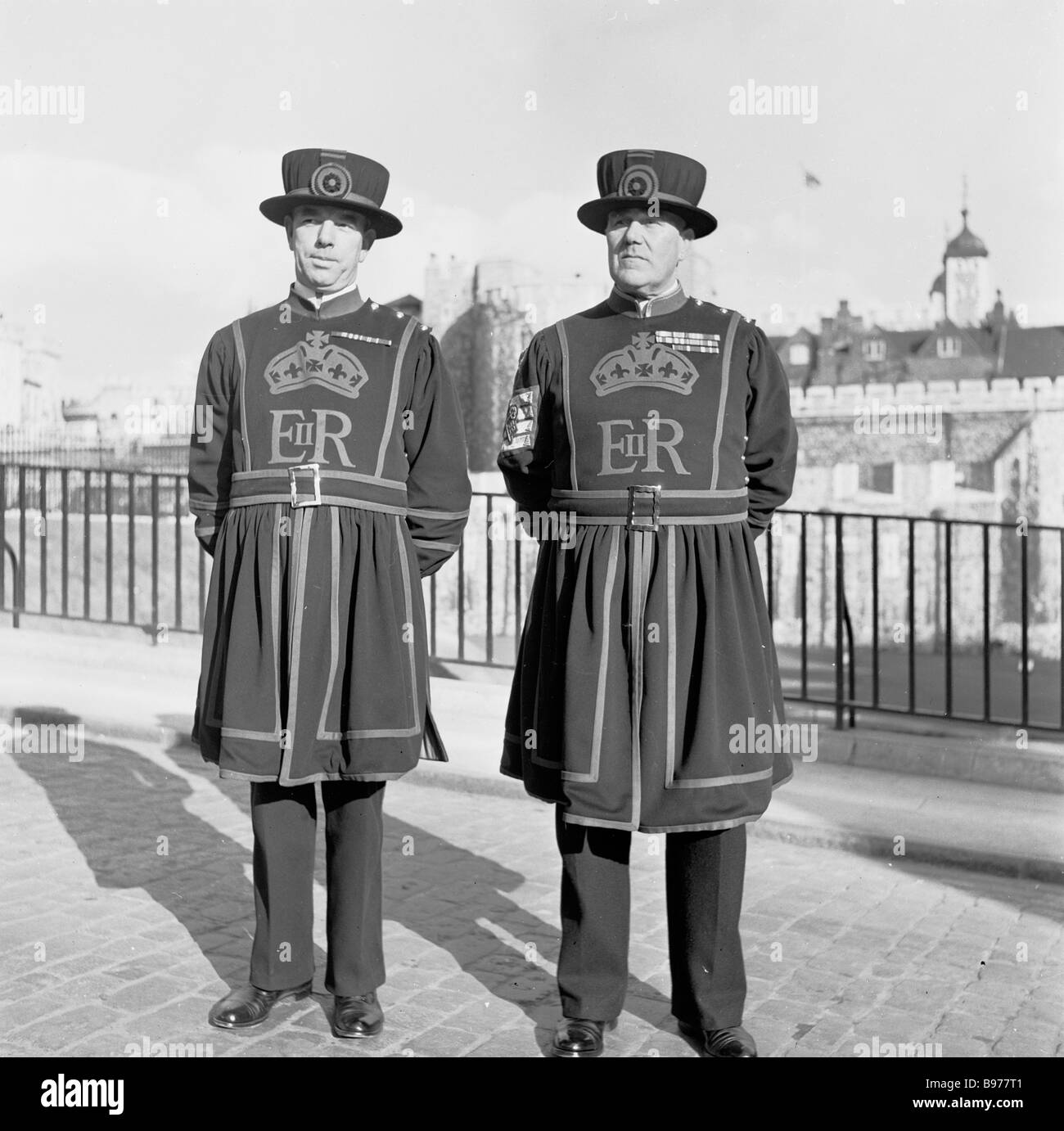 1950s, two yeoman of the English Royal Guard, also known as Beefeaters ...