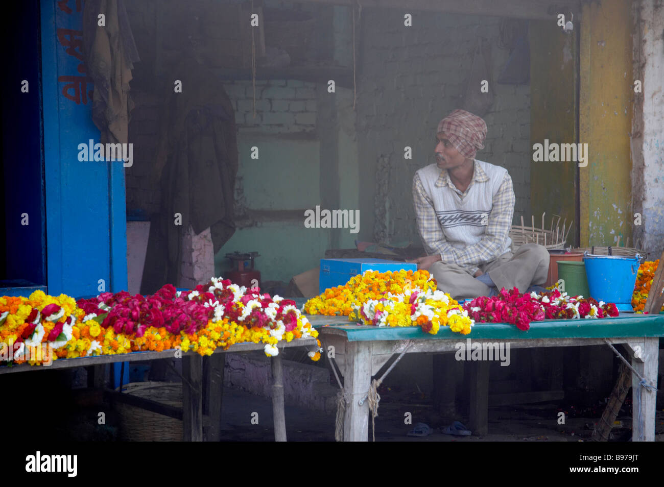 Roadside shop selling flower garlands Rajasthan India TV000085 Stock ...