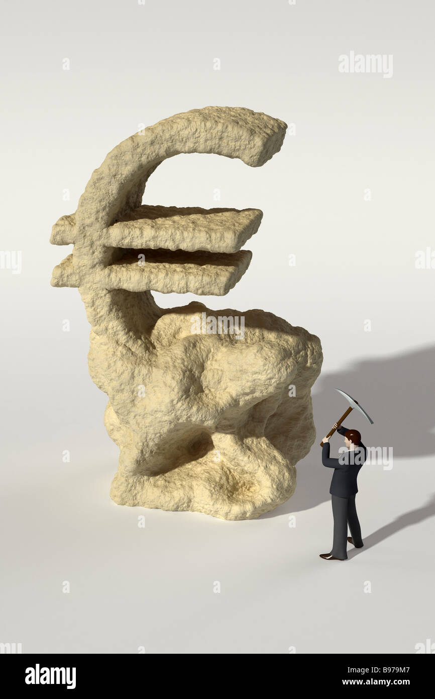 Big euro symbol excaved from stone by a small man Stock Photo - Alamy