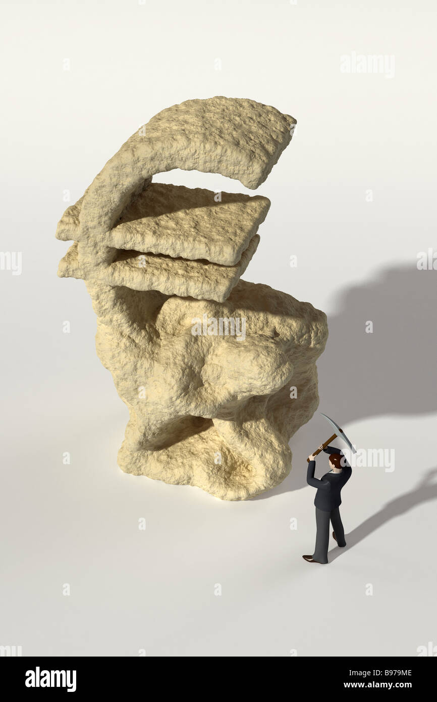 Big euro symbol excaved from stone by a small man Stock Photo - Alamy