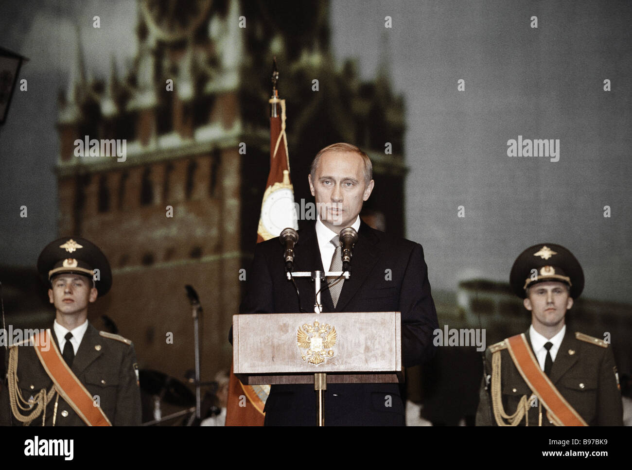 Russian President Vladimir Putin center addressing an audience on ...