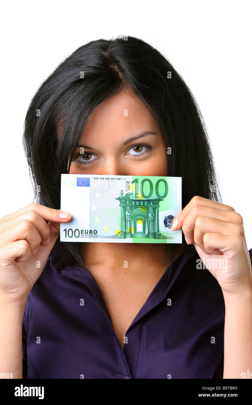 Young woman with euro banknote Stock Photo - Alamy