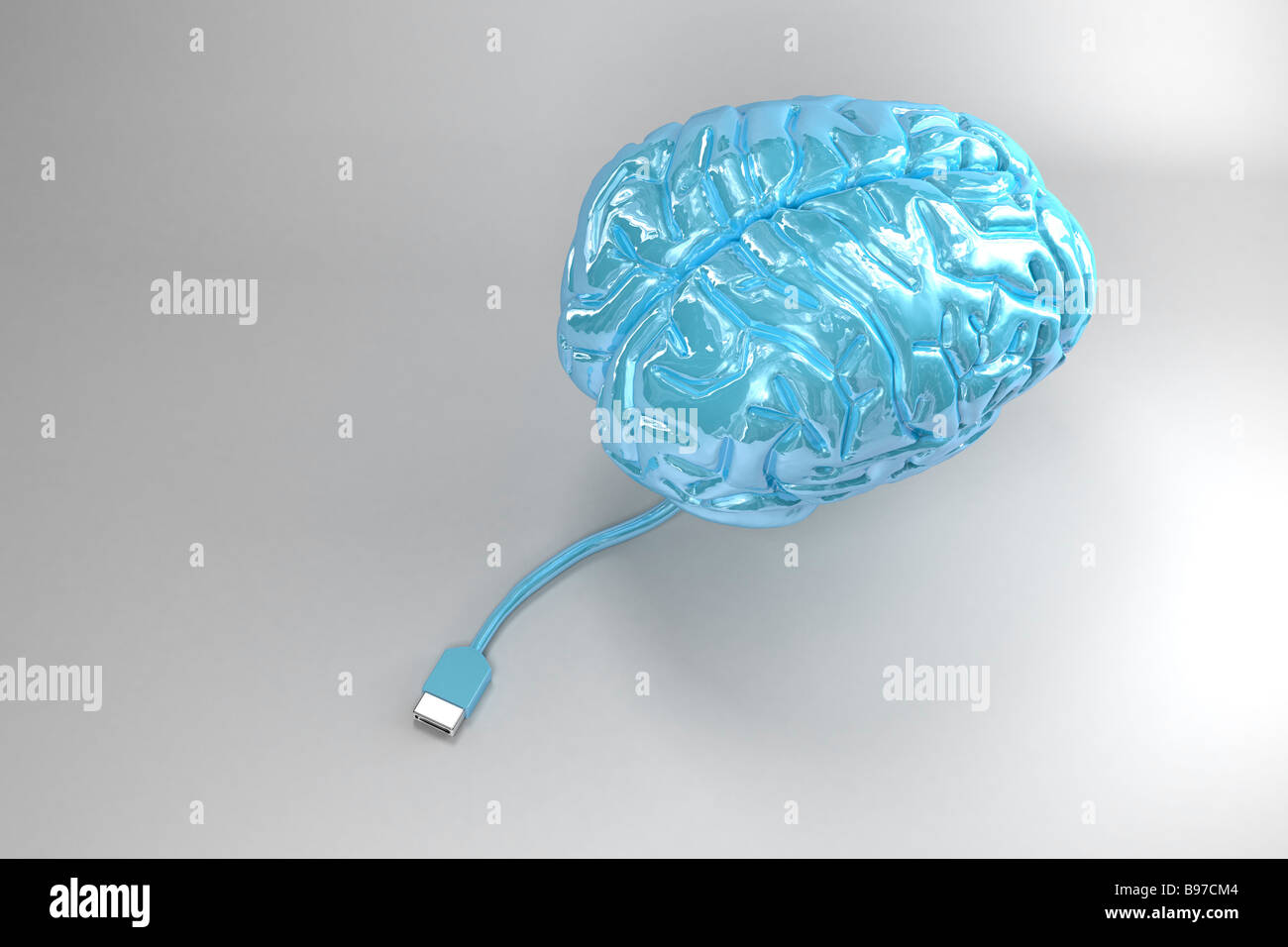 Blue brain illustration with usb cable on grey background Stock Photo ...