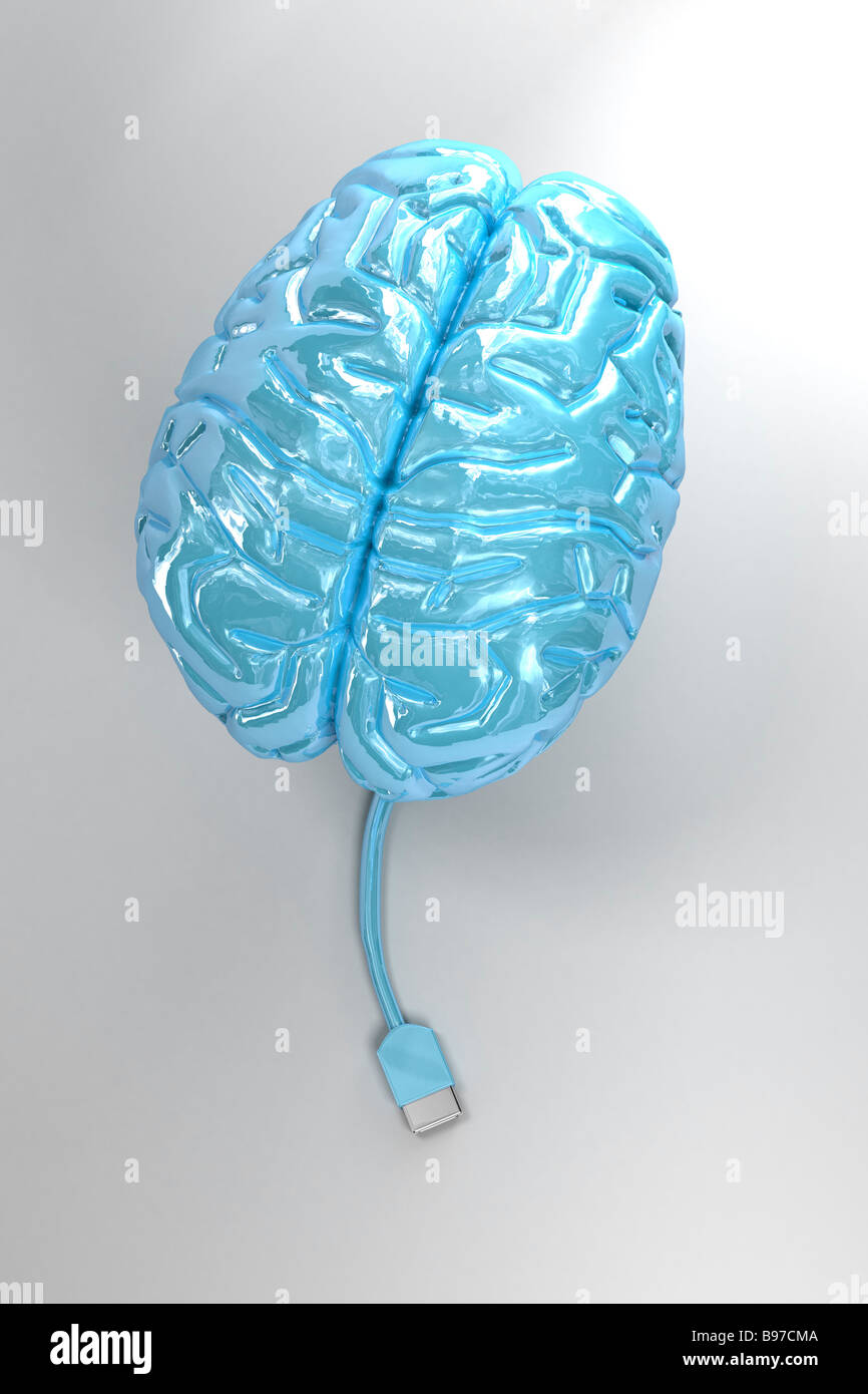 Blue brain illustration with usb cable on grey background Stock Photo ...