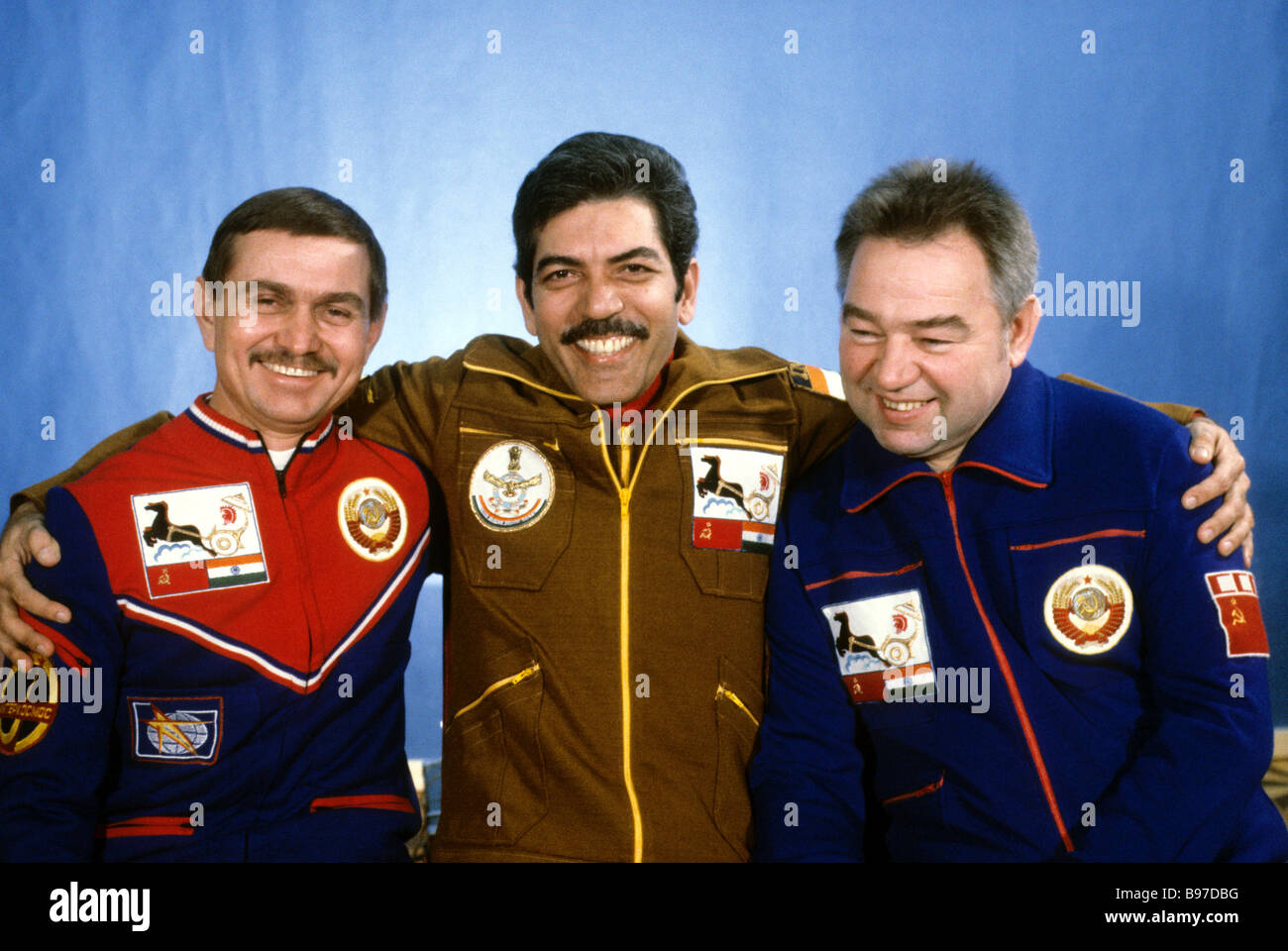 Soviet Indian space crew from left to right Col Anatoly Berezovoy ...