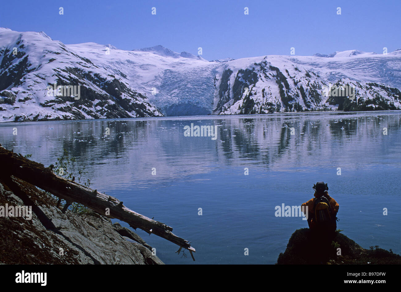 a sea kayaker sitting on a rock viewing Blackstone Bay s glaciers on a ...