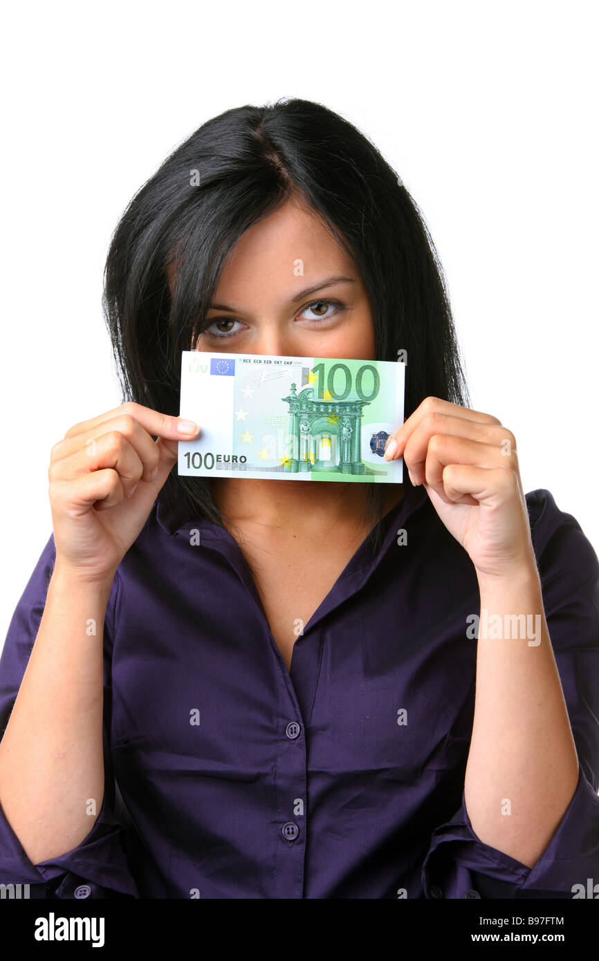Young woman with euro banknote Stock Photo - Alamy