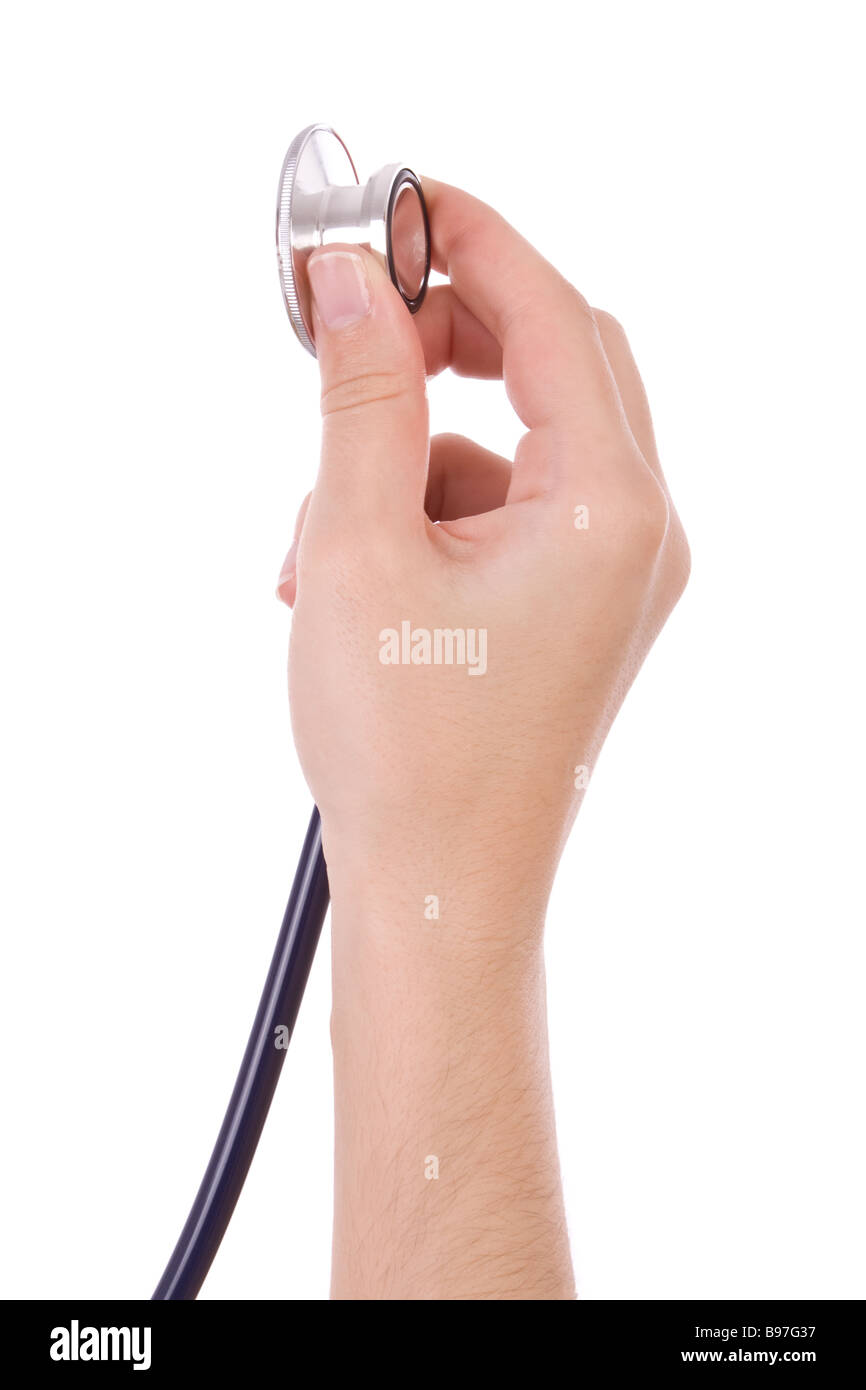 Hand holding a blue stethoscope isolated on white Stock Photo - Alamy