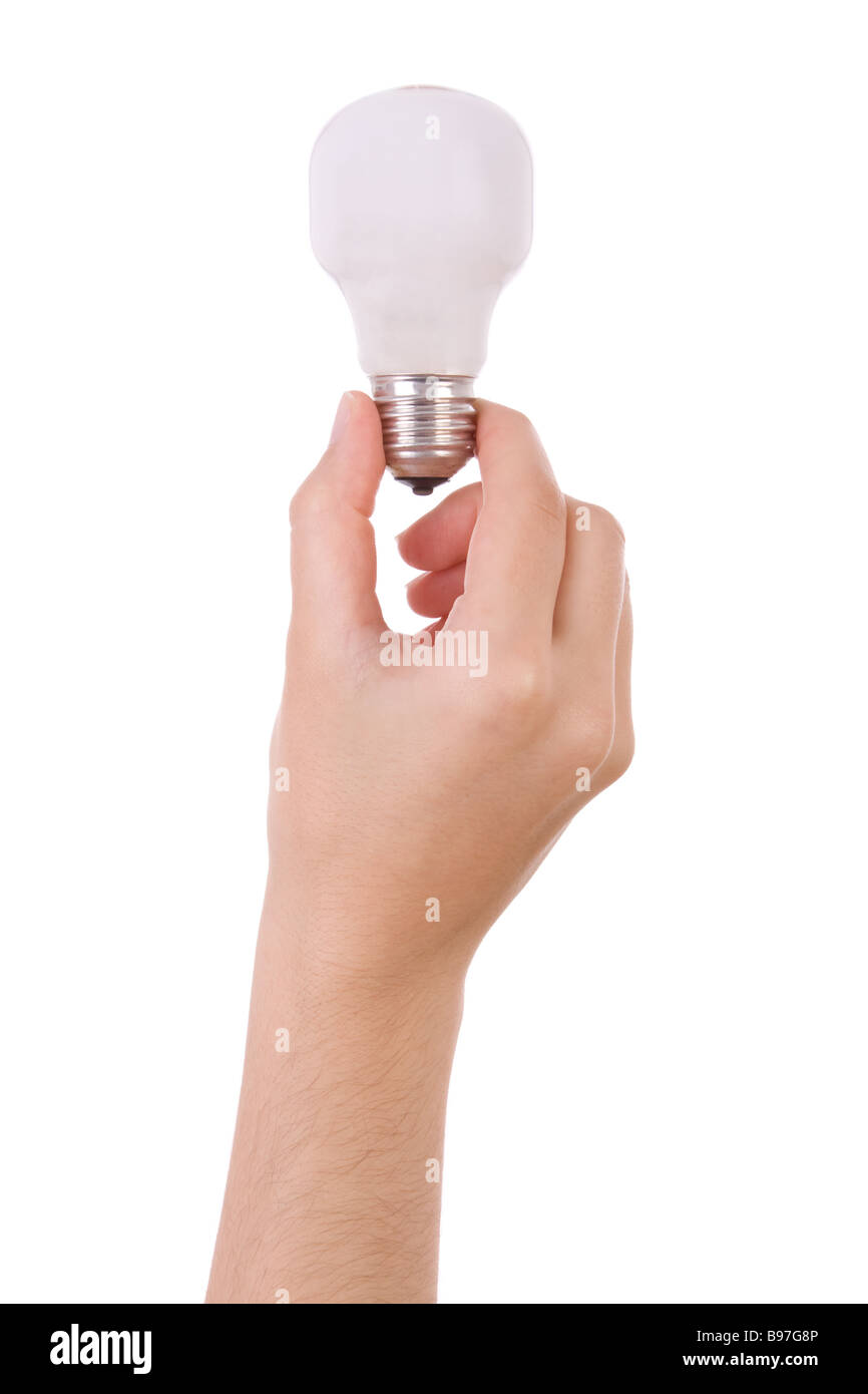 Hand holding an incandescent light bulb isolated on white Stock Photo ...