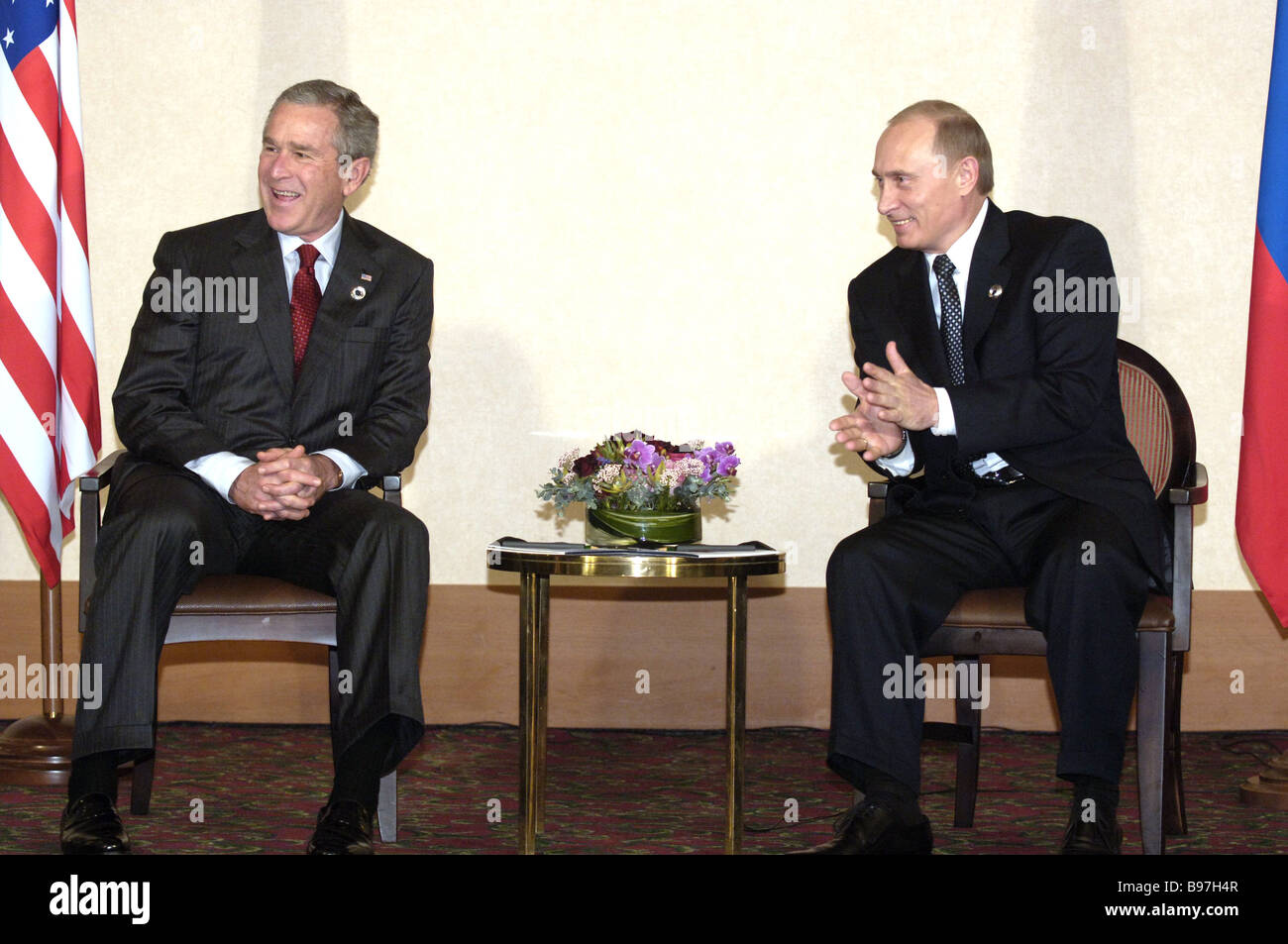 Russian and U S Presidents Vladimir Putin and George Bush right to left ...