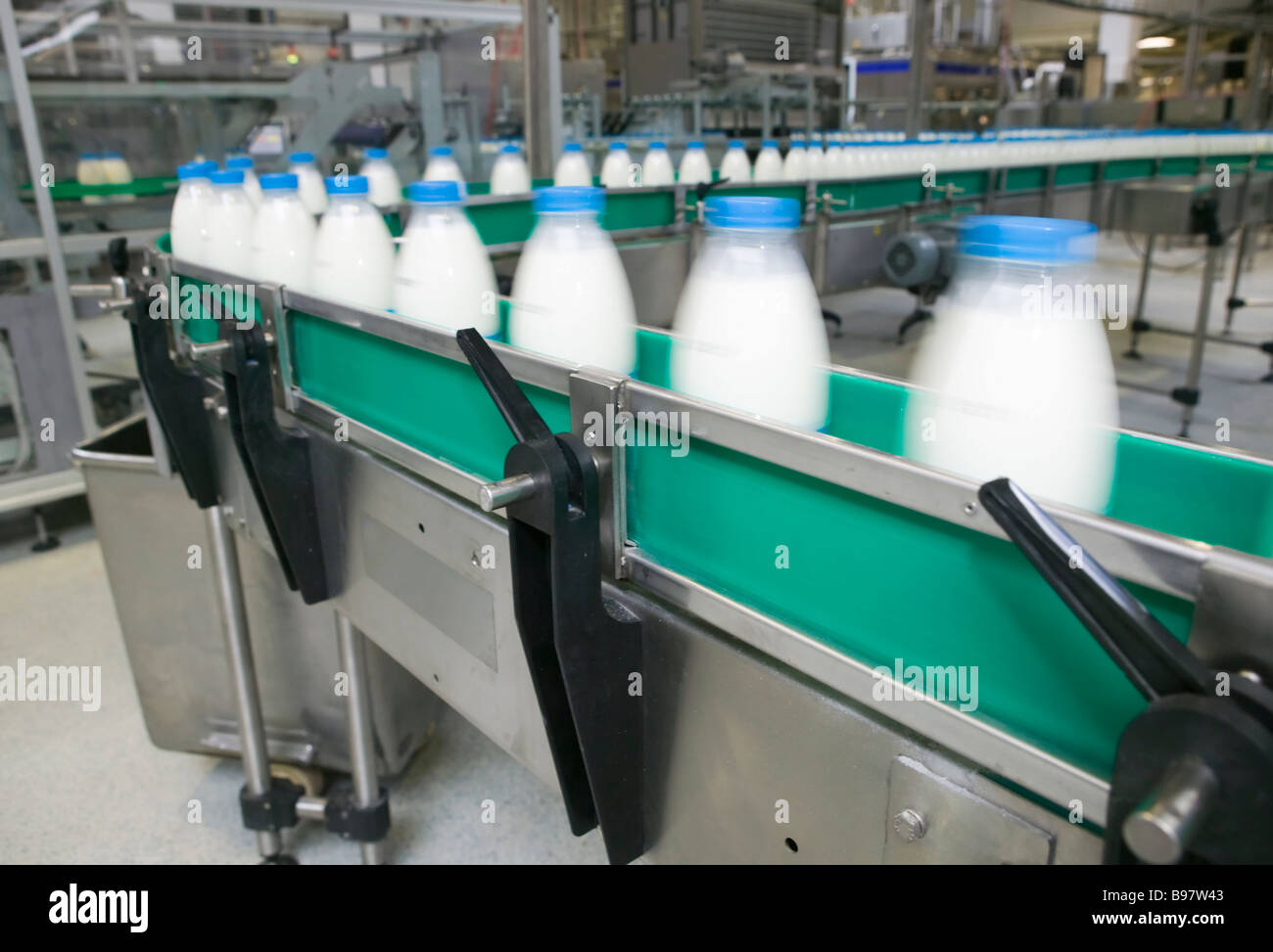 Dairy Plant Conveyor with milk bottles Stock Photo - Alamy