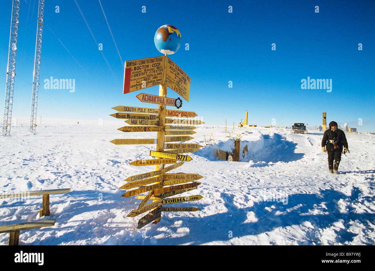 Traffic signs at the Vostok Soviet Antarctic research station in the ...