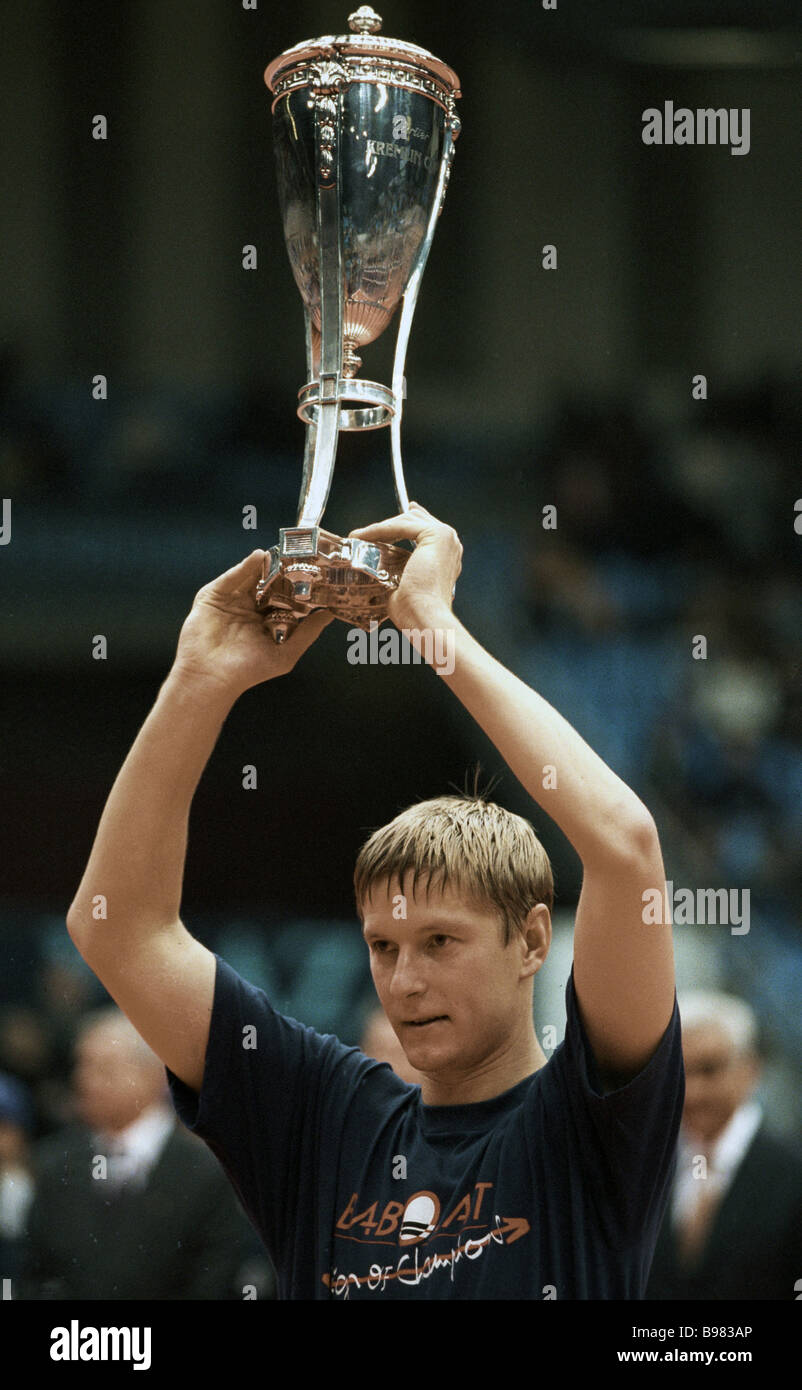 Tournament winner Yevgeny Kafelnikov holding the Kremlin Cup Stock ...