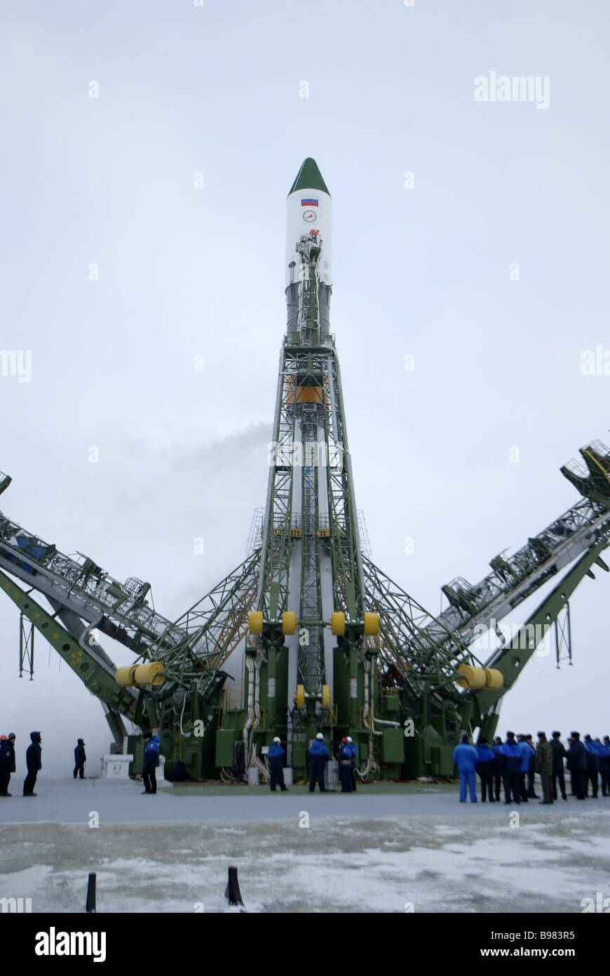 A Soyuz U rocket with a Progress M63 cargo ship at launch pad 1 at the ...