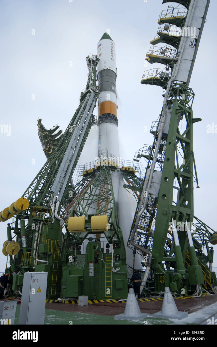 A Soyuz U rocket with a Progress M63 cargo ship at launch pad 1 at the ...