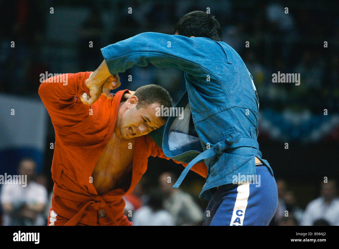 The member of Russian Sambo team Alsim Chernoskulov left and Georgian ...