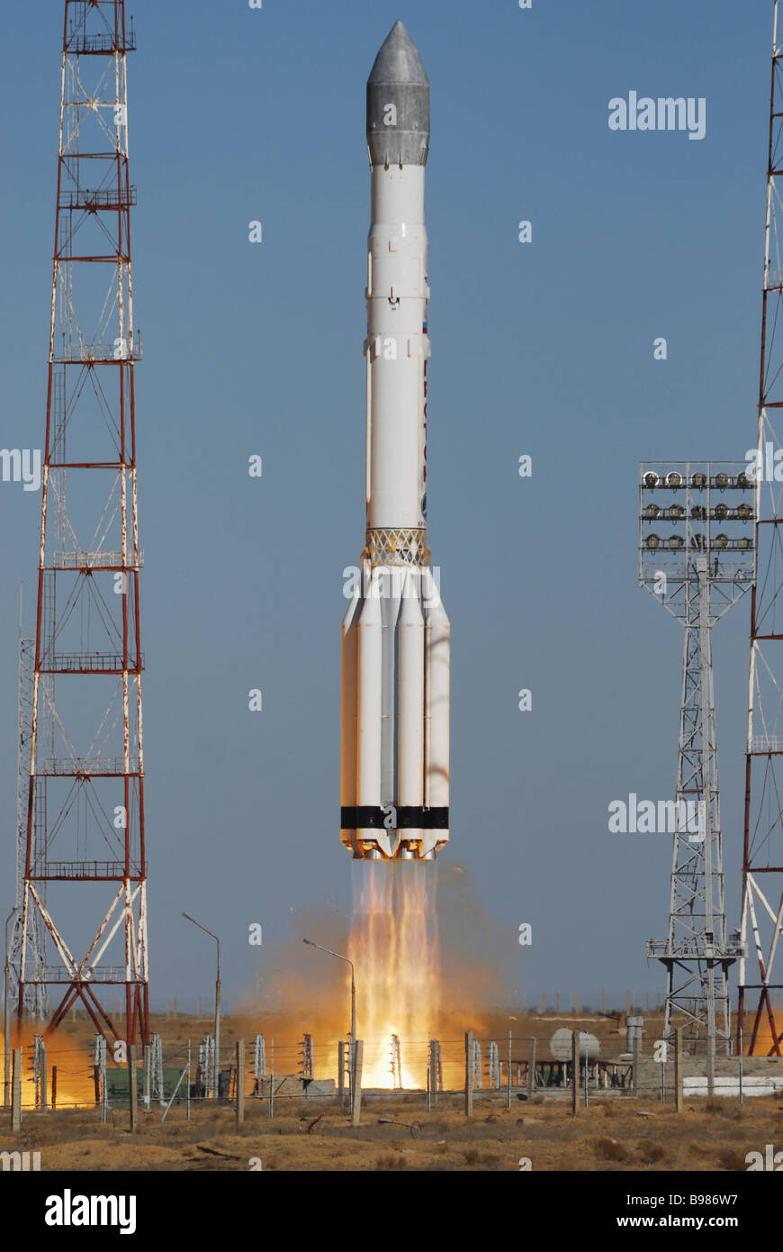 Launch of Proton K rocket carrying three GLONASS M space vehicles ...