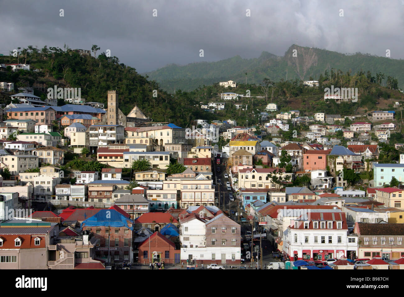 Town Above harbour Houses on hillside British and French colonial ...