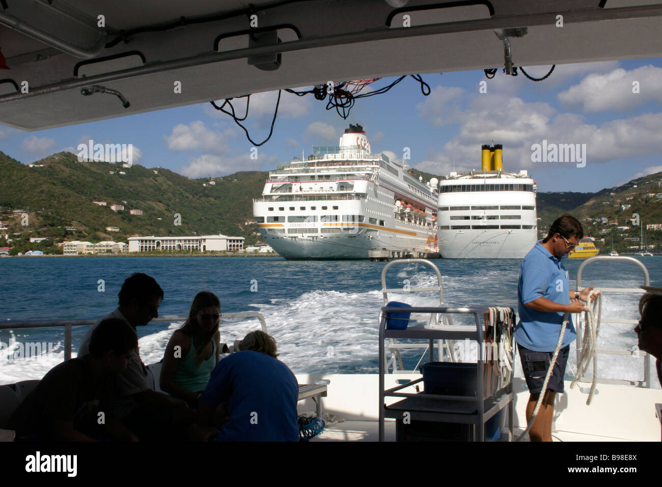 Main harbour of capital Road Town Hills Buildings Two large cruise ...