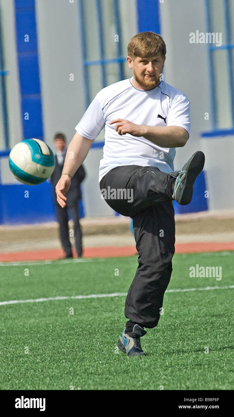 Chechen President Ramzan Kadyrov in the center playing soccer at the ...