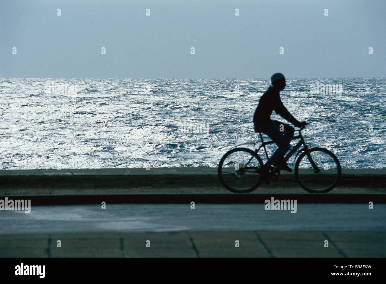 Man riding bicycle through waterside park Stock Photo - Alamy
