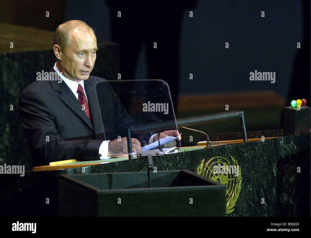 Russian President Vladimir Putin speaking at a session of the U N ...