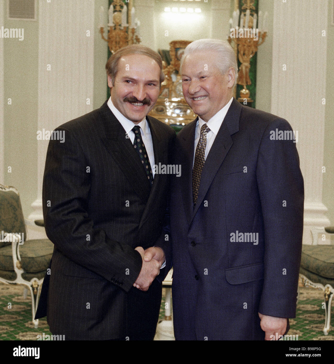 Presidents Alexander Lukashenko of Belarus left and Boris Yeltsin of ...