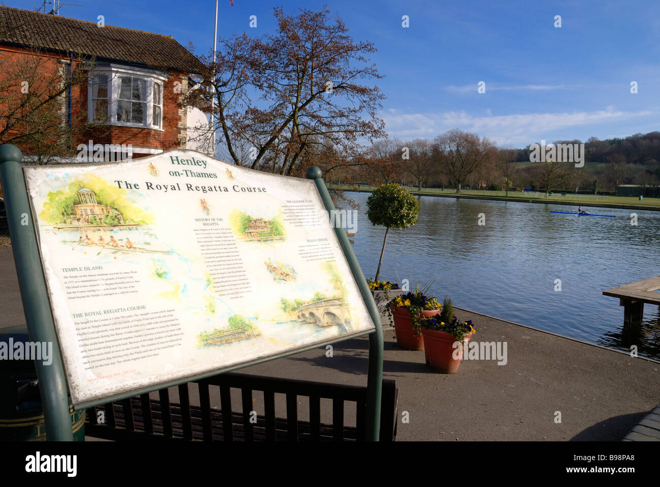 Henley on Thames Royal Regatta course sign with rower on river Stock ...