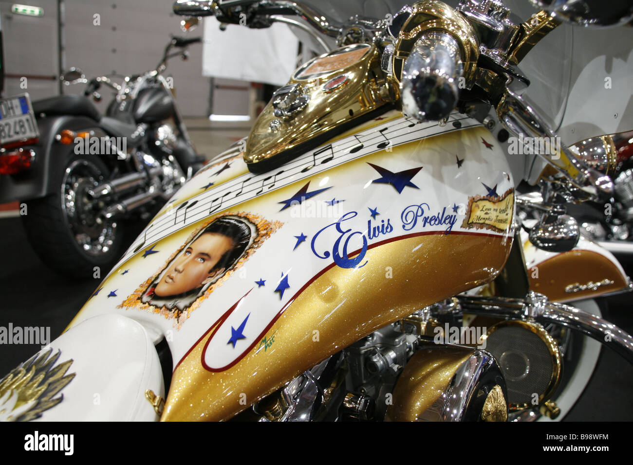 elvis presley customised harley davison type motorbike at motor show ...