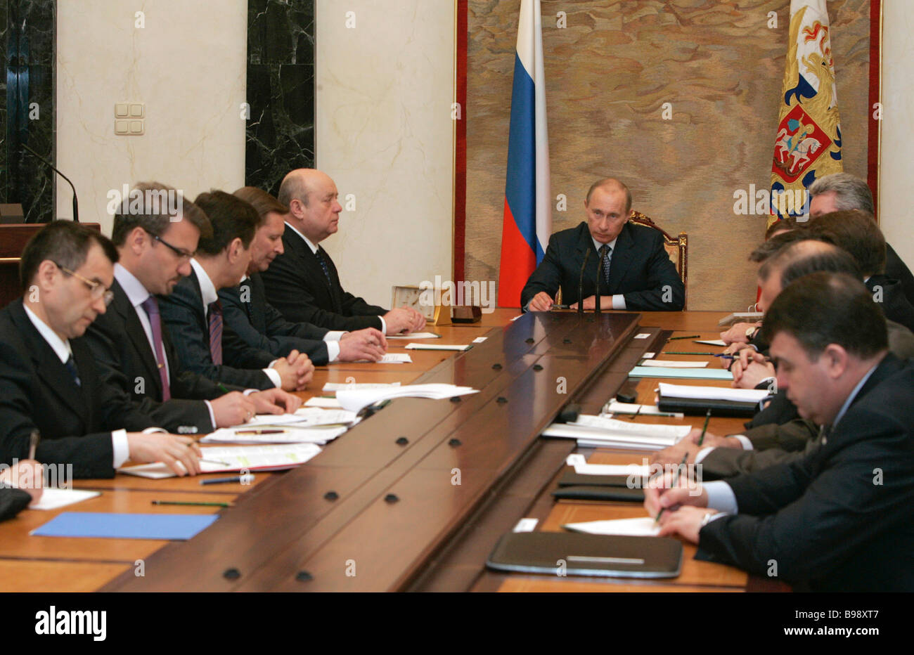 President Vladimir Putin center during a Kremlin meeting with cabinet ...