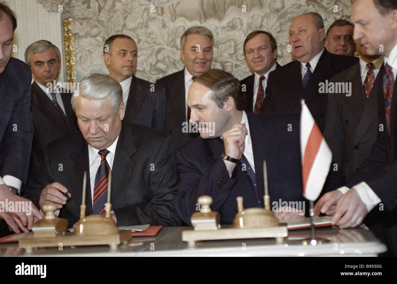 Russian President Boris Yeltsin left and President Alexander Lukashenko ...