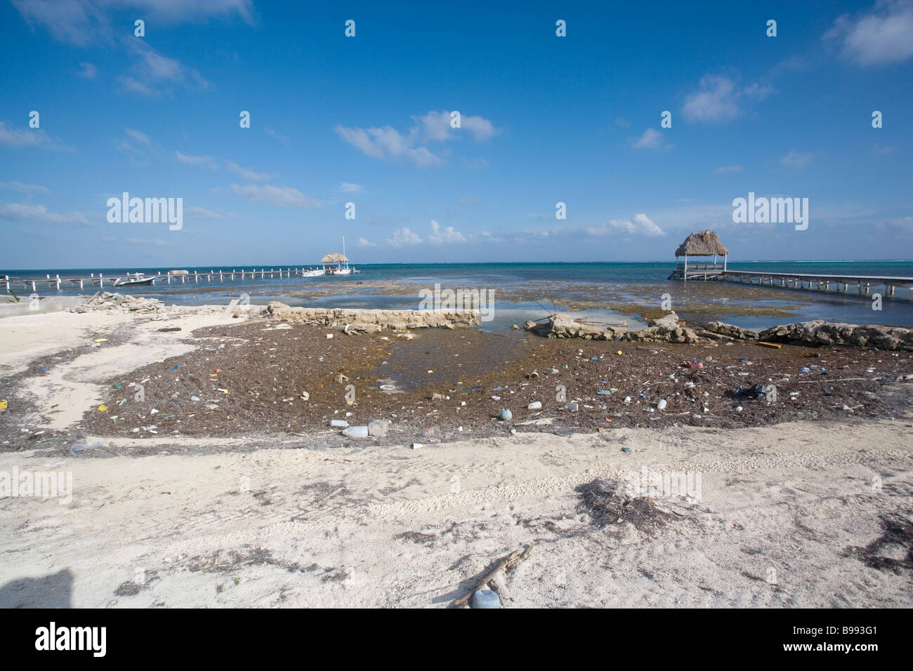 Pollution, trash, and debris washes up onto the shore from the open ...