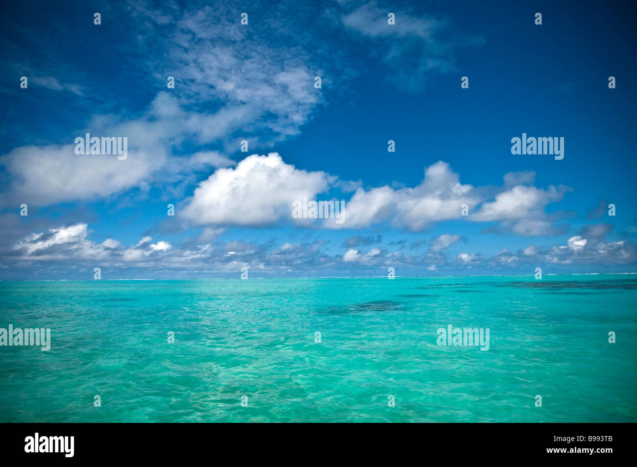 Emerald Green water meets sky blue in a vignette shot just off Aitutaki ...