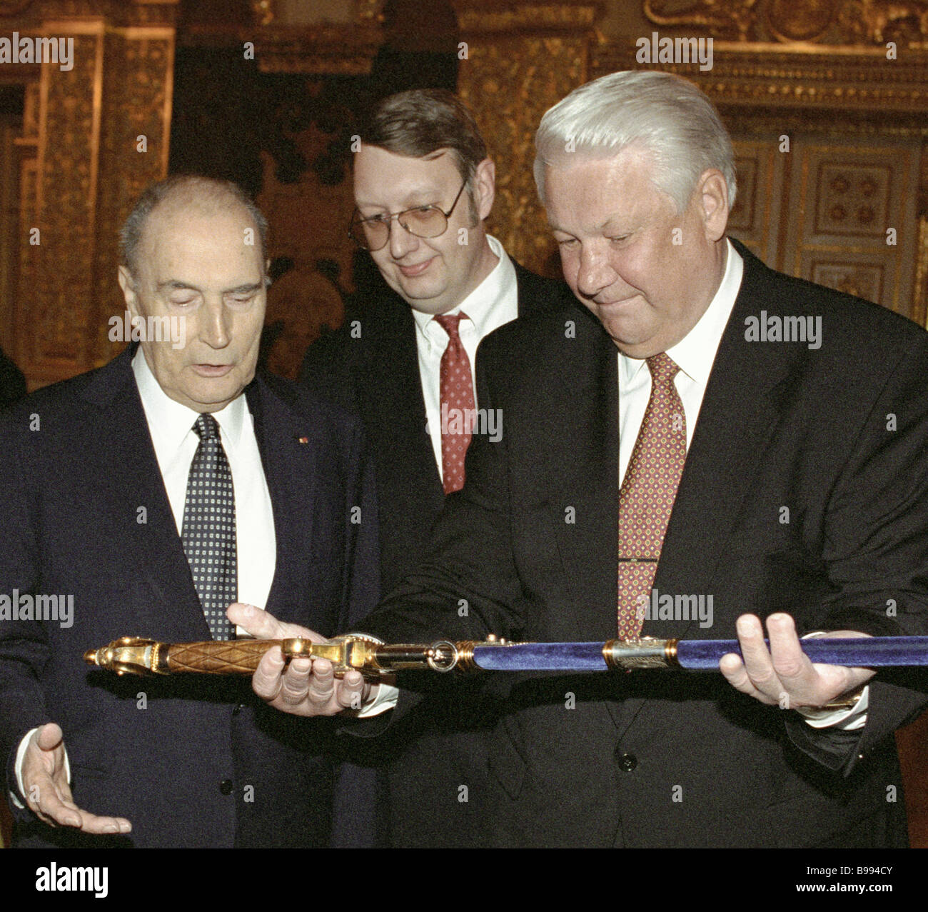 Russian President Boris Yeltsin right accepting a gift of an ancient ...
