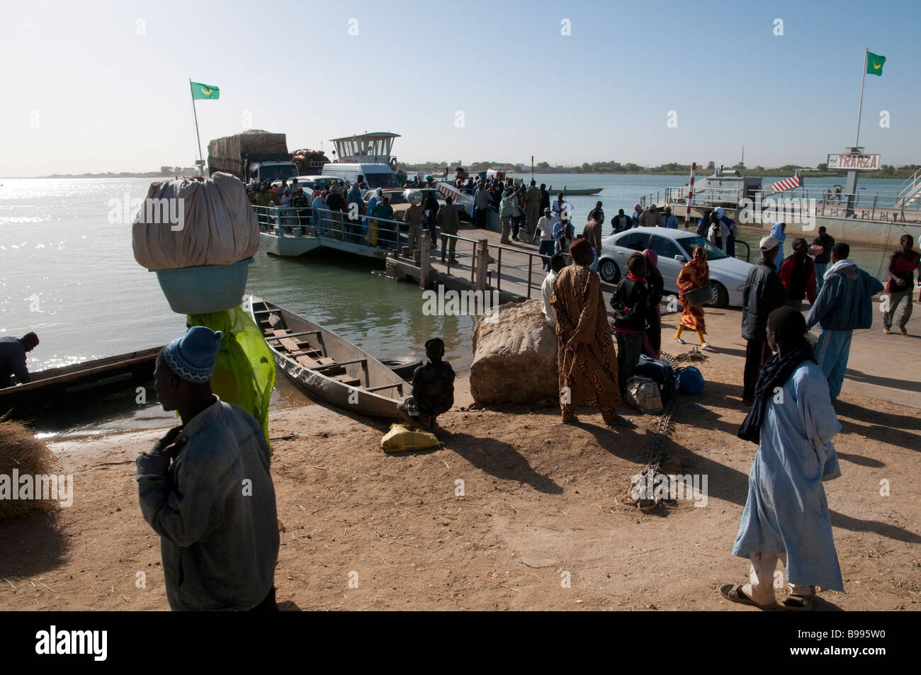 West Africa Mauritania Rosso ferry crossing over Senegal river border ...