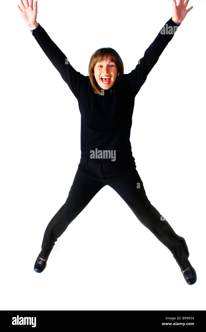 Exuberant, excited young woman jumps and shouts for joy Stock Photo - Alamy