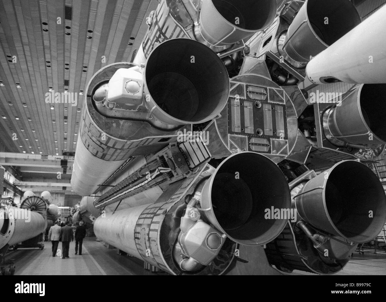 A Proton launch vehicle in the assembly shop of the Khrunichev space ...