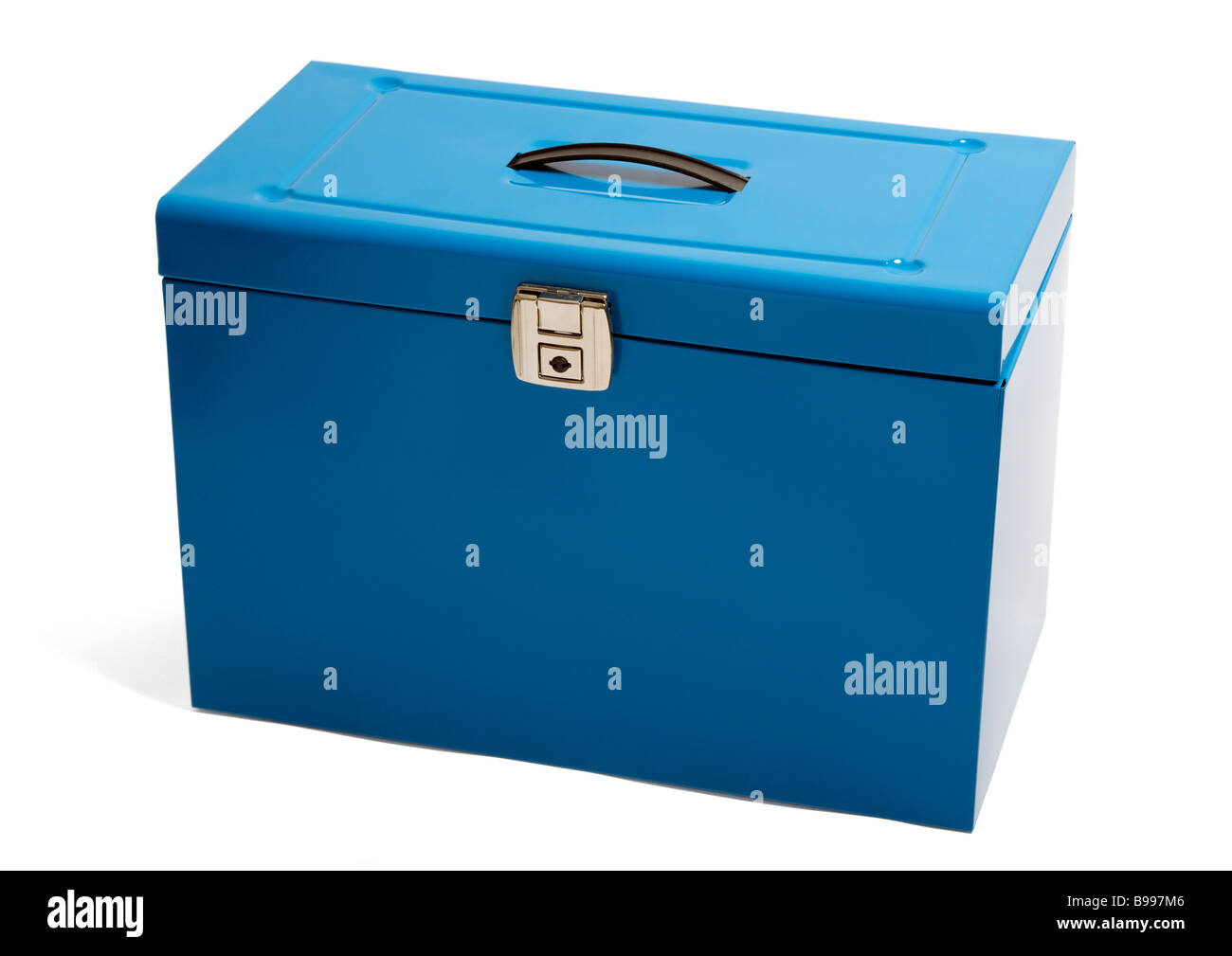 Blue metal lockable file box on white background Stock Photo - Alamy