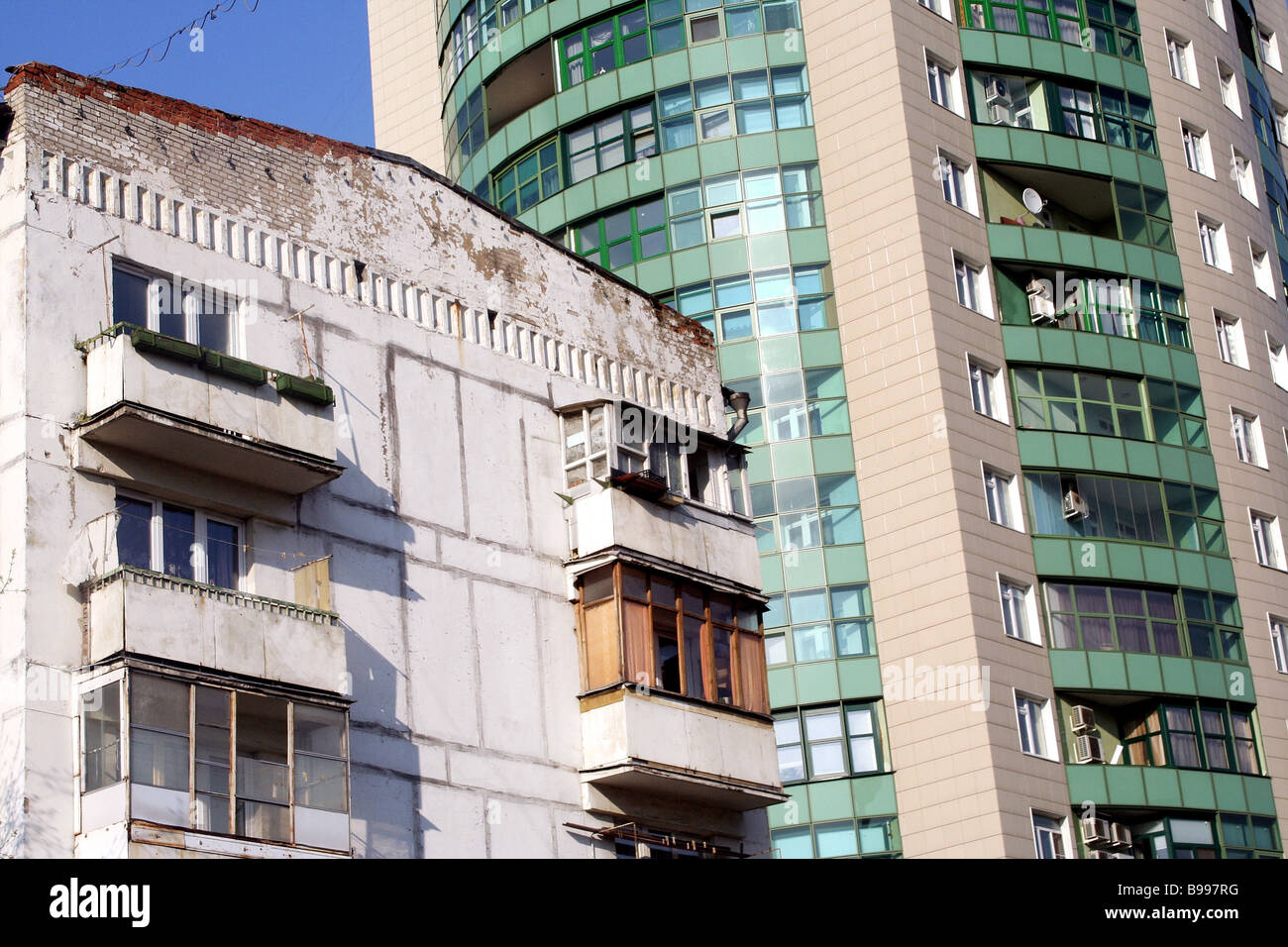 A five storey house prepared for demolition against the background of a ...