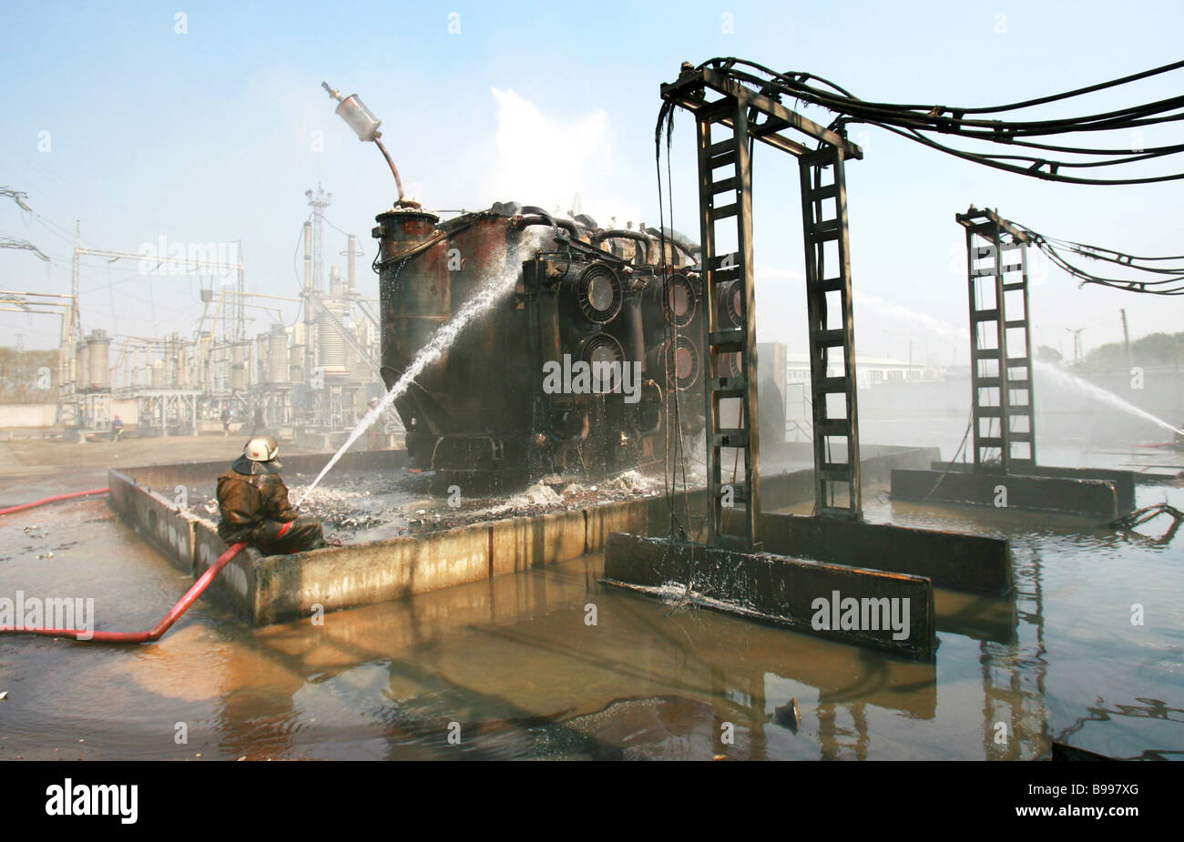 Fire fighting at the Zhulebino transformer substation located on ...