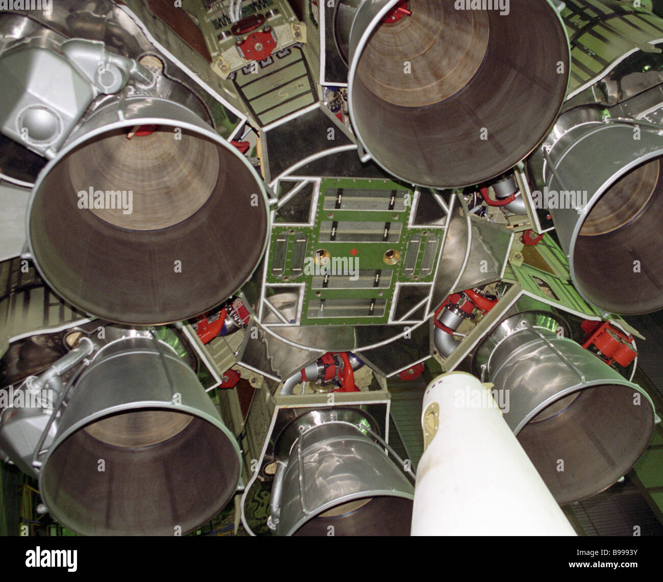 The tail unit of a rocket in the assembly shop of the Khrunichev space ...
