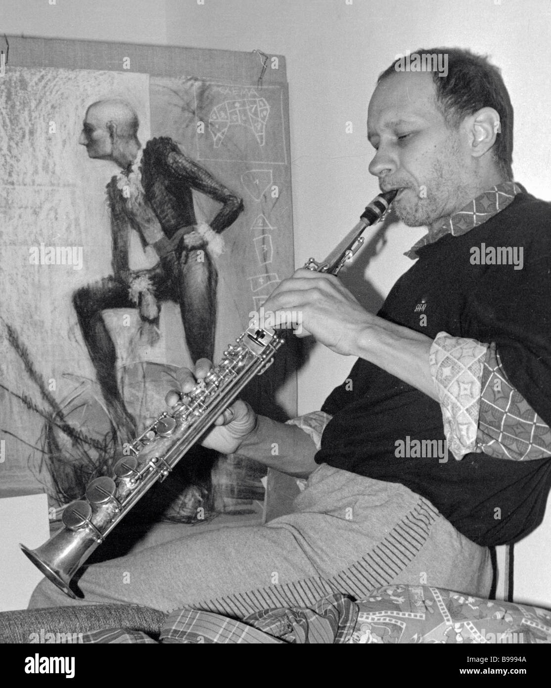 Jazz man Vladimir Cherkasin playing soprano sax his favourite music ...
