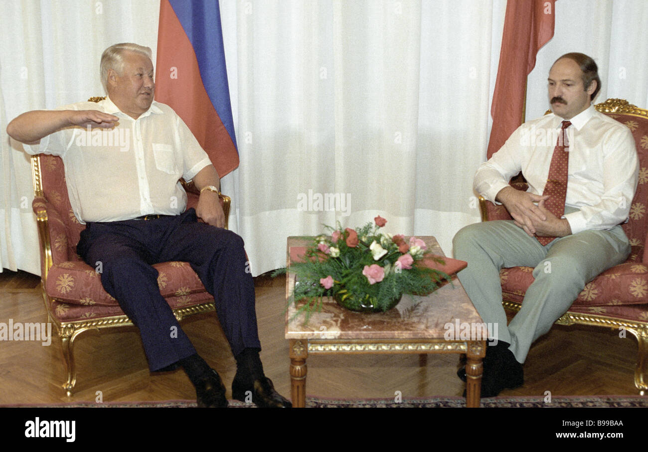 Russian President Boris Yeltsin left and Belarusian President Alexander ...