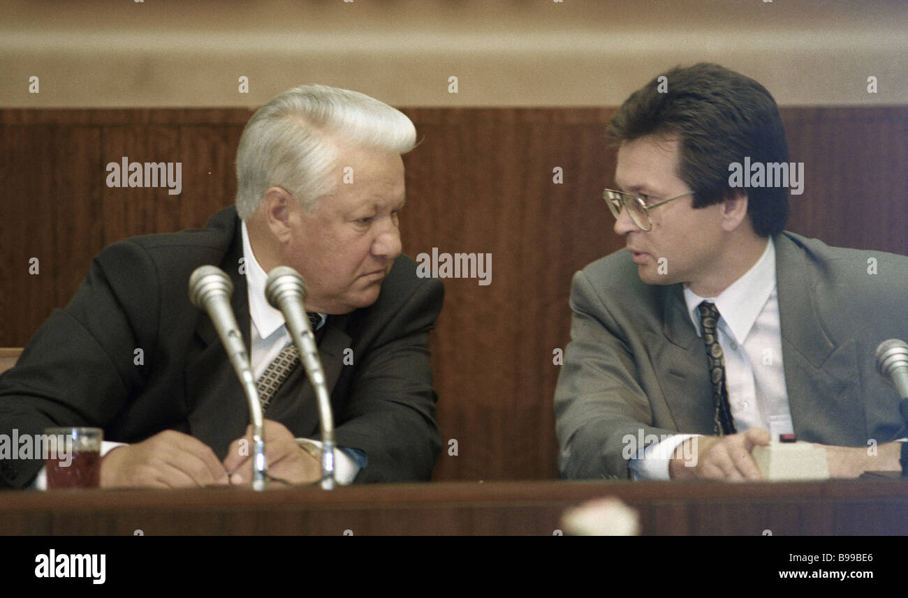 Russian President Boris Yeltsin left and his ppress secretary Sergei ...