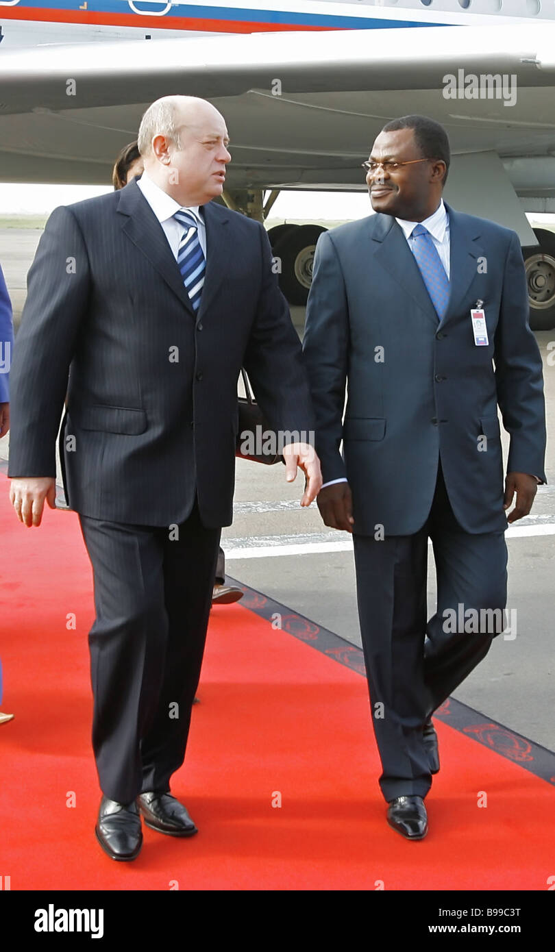 Russian Prime Minister Mikhail Fradkov at an airport in Luanda during ...