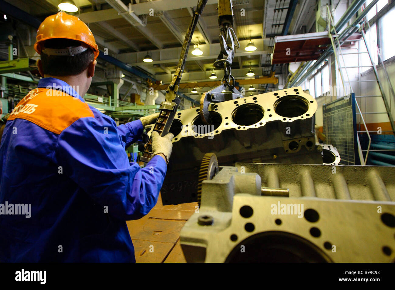 An engine block in the test engine assembly area of the Yaroslavl Motor ...